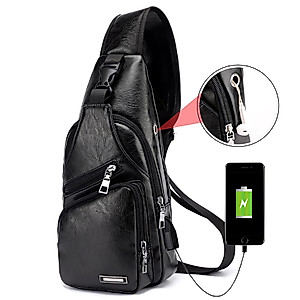 Seoky Rop Men's Leather Sling Bag Chest Crossbody Shoulder Bag with USB Charging Port Black