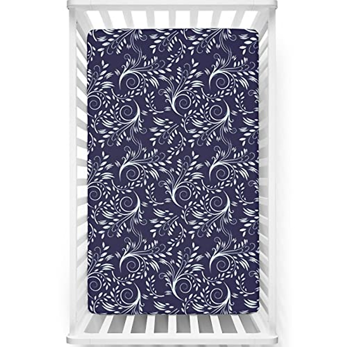 Royal Blue Themed Fitted Mini Crib Sheets,Portable Mini Crib Sheets Soft and Breathable Bed Sheets-Baby Sheet for Boys Girls,24“ x38“,Indigo White