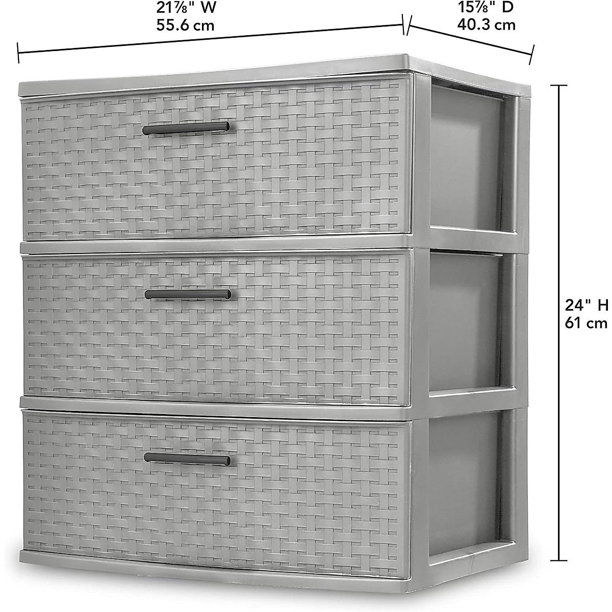 3 Drawer Wide Plastic Weave Tower with Pull Handles,Decorative Storage Drawers for Bedroom, Closet, Office, Cement, 1-Pack