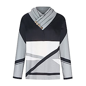 Petite Tops for Women Casual V Neck T Shirts Geometric Print Long Sleeve Blouse with Button Decor Winter Basic Pullover Black