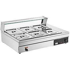 6-Pan Commercial Food Warmer with Tempered Glass Cover - Stainless Steel Countertop Electric Steam Table for Catering and Restaurants