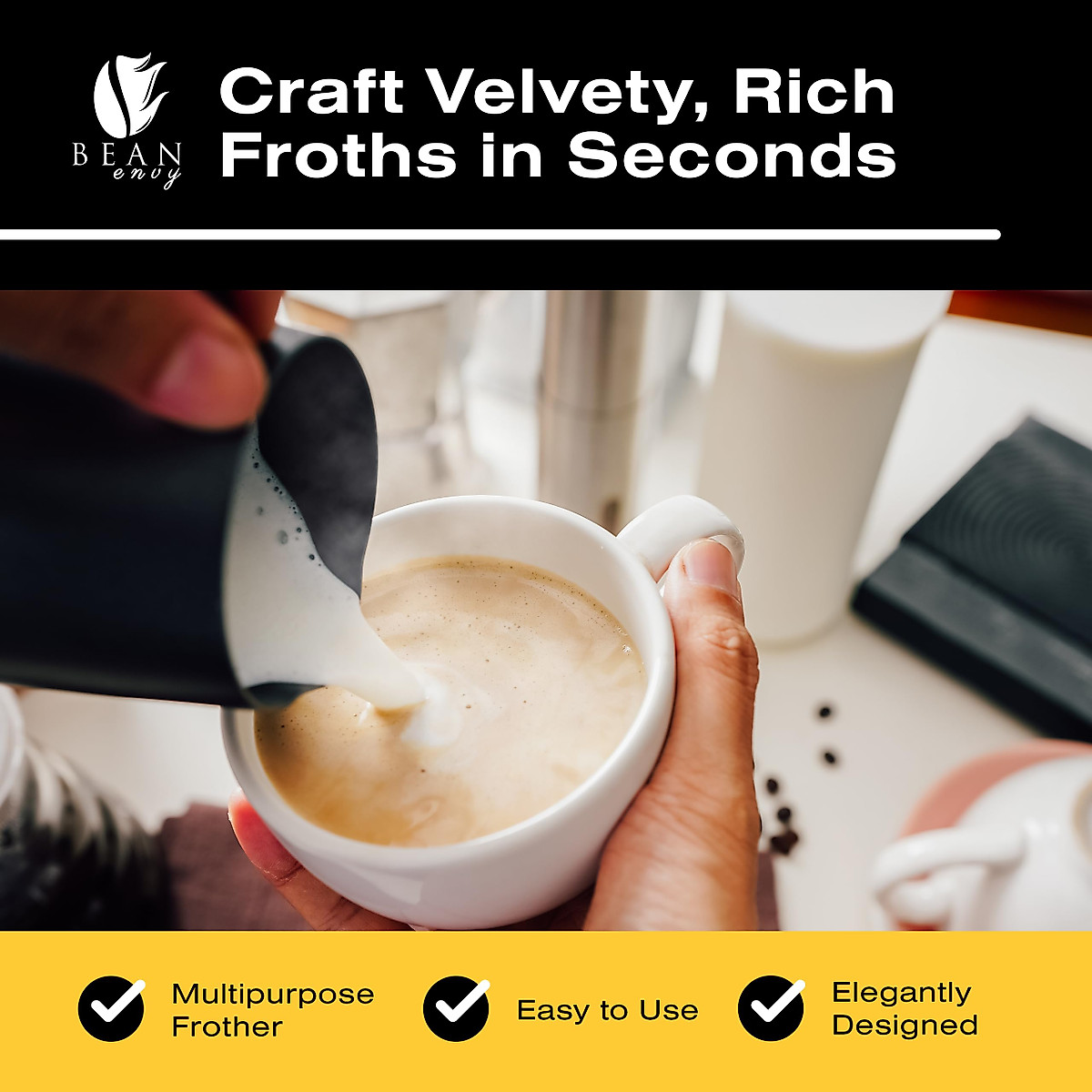 Bean Envy Milk Frother Handheld for Coffee - Electric Hand Blender, Mini Drink Mixer Whisk & Coffee Foamer Wand with Stand for Lattes, Cappuccino, Matcha and Hot Chocolate - Kitchen Gifts - Raspberry