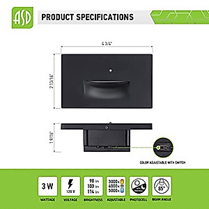 ASD LED Step Light Fixture | Recessed Stair Wall Lighting | 3W 120V 115LM 3000K/4000K/5000K Switch 50000+ Hour Lifespan | Dusk to Dawn Photocell, Outdoor Use, Waterproof, ETL | Black