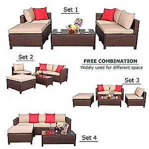 L-DREAM Patio Porch Sofa 5-Piece Set - Rattan Seating Sofa with Tea Table - Brown PE Wicker Rattan - with Washable Couch Cushions - for Outdoor Garden Backyard Poolside Furniture (Color : Brown)