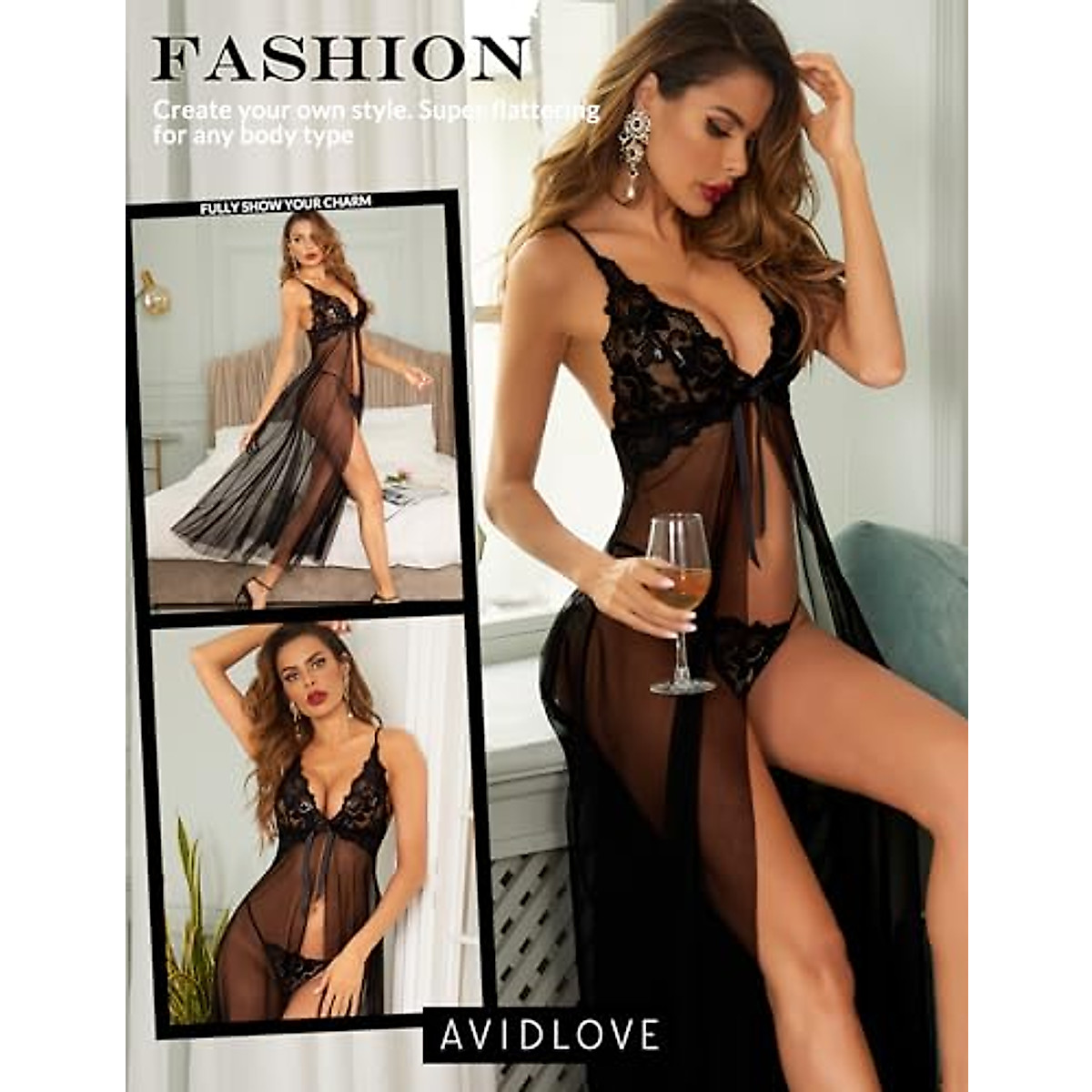 Avidlove Women One Piece Lingerie Deep V Lace BabyDoll Long Gown Spaghetti Strap Mesh Nightwear Black
