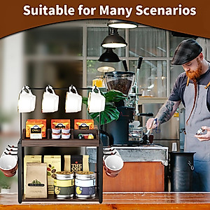 ORNAROVI Coffee Cup Holder with Partitioned Storage, 2 Tier Mug Racks for Counter, Coffee Mug Holder with Open Shelf and 15 Hooks, Coffee Bar Accessories and Organizer for Kitchen, Office (Black)