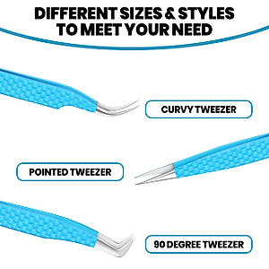 Eyelash Extension Tweezers-3 Pcs Diamond Grip Lash tweezers For Eyelash Extensions-SialBE Straight And Curved L-Shape Eyelash Tweezers, Tweezers For Eyelash Extensions With Silver Tip