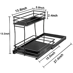 Ronanemon Pull Out Cabinet Organizer, 2-Tier Under Sink Slide Out Kitchen Cabinet Storage Shelves with Sliding Storage Drawer for Cabinet - 11.6W x 15.8D x 13.3H, Least 13" Cabinet Opening