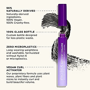 Pacifica Beauty | Activist Curling Mascara | Black | Volume and Length | Vegan Brush | Glass Tube | Clean Eye Makeup | Plant-Fibers | Microplastic + Nylon 6 Free | Vegan, Talc-Free, Cruelty-Free