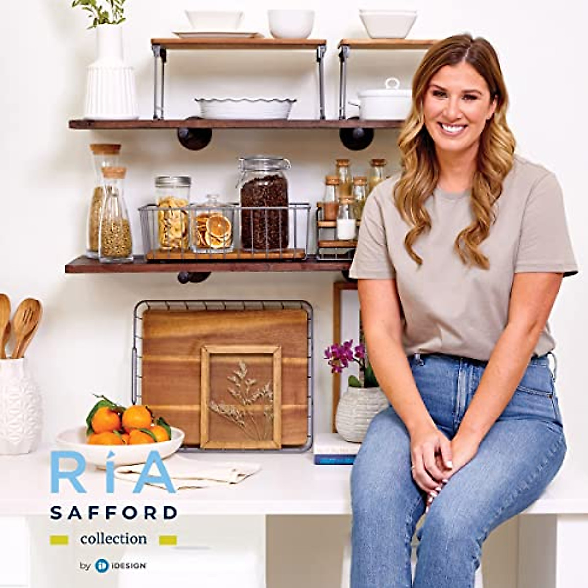 The Ría Safford Collection by iDesign Open Front Wire Basket with Acacia Wood, 14" x 10" x 6", Charcoal