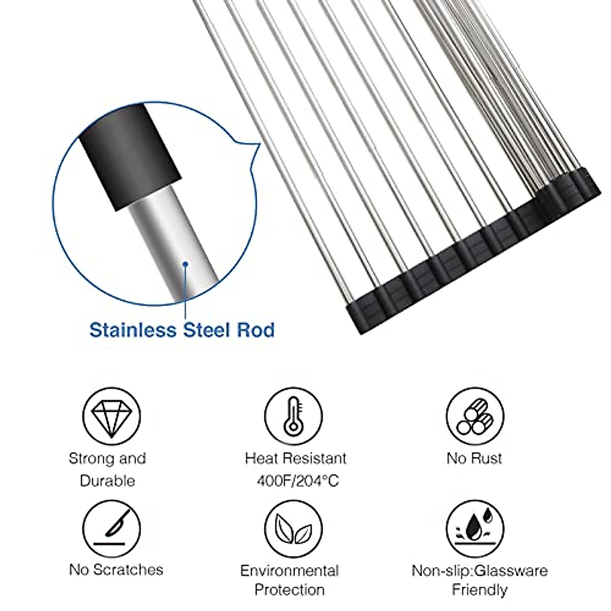 Chixapopimo Roll up Dish Drying Rack Retractable 11" to 20" x 13'' Foldable Rolling Dish Drainer Over The Sink Drying Rack SUS304 Stainless Steel Sink Rack for Kitchen Counter of Various Sizes