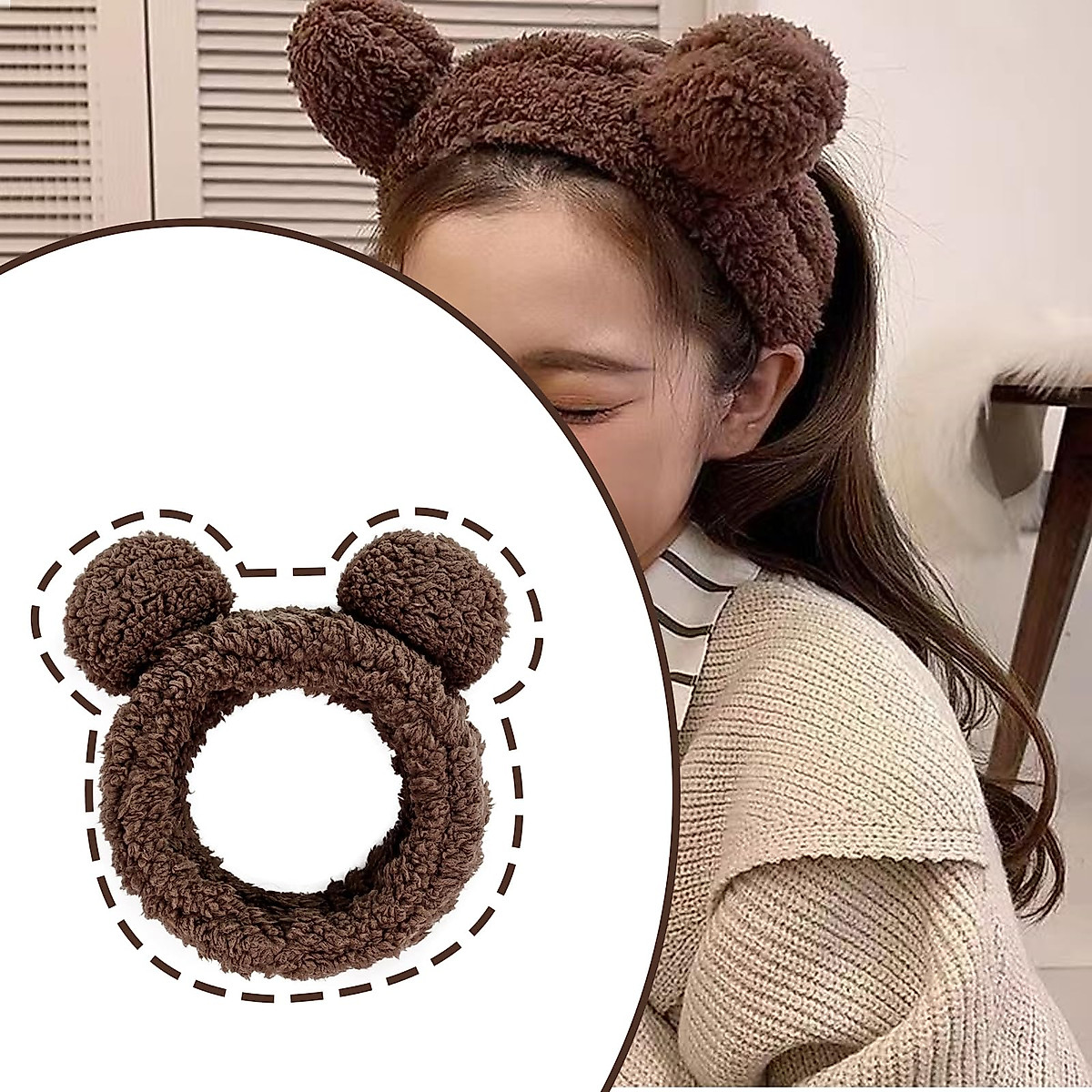 CNSSKJ Spa Headband for Women Girls Cute Bear Ears Hair Bands Puffy Bear Ears Elastic Headband Face Washing Makeup Non-slip Headband (Brown)