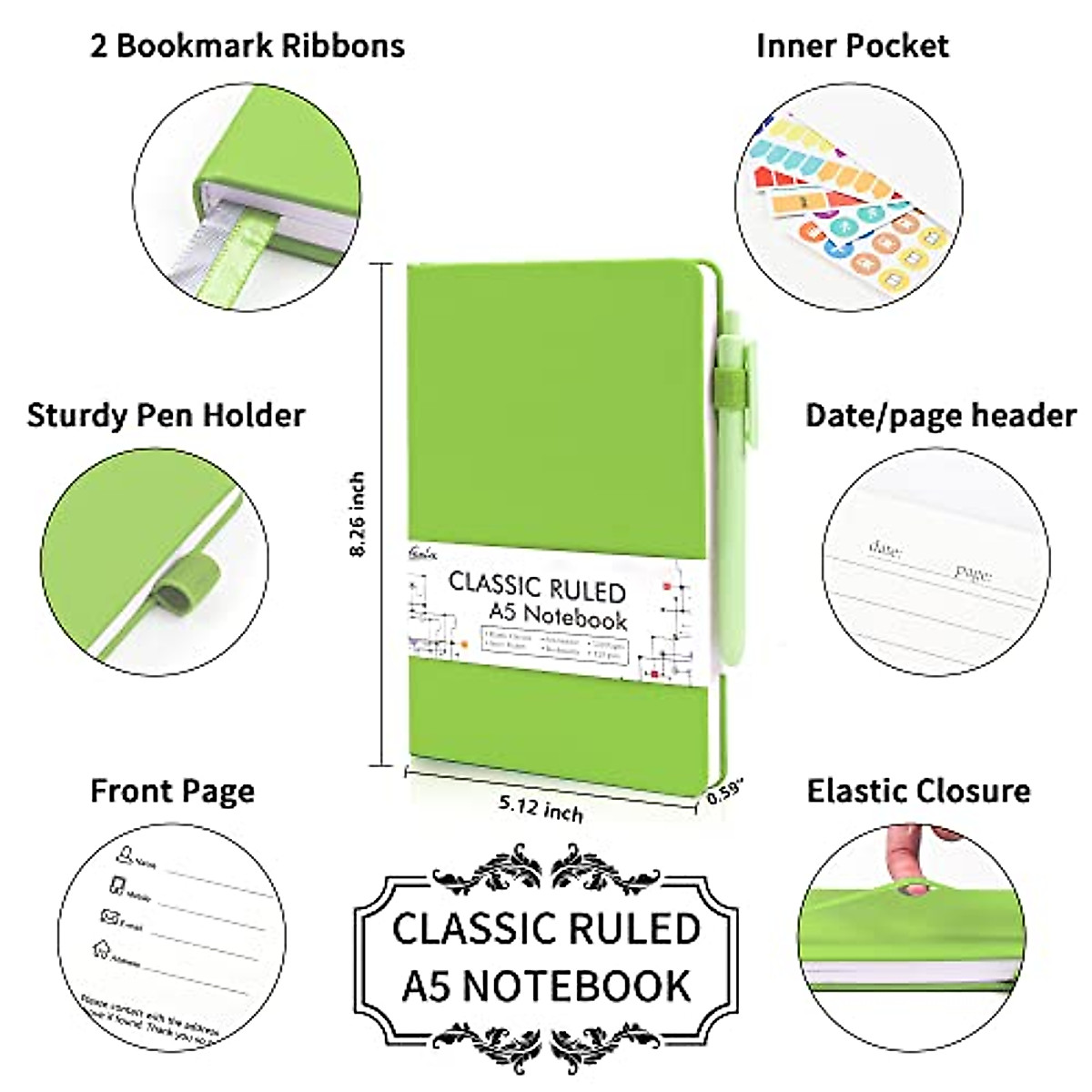 feela 24 Pack Journal Notebook Bulk for Work, Business Notebook Hardcover Lined Writing Journal with Pen Holder for Men Women Note Taking, with 24 Black Pens, 120 GSM, 5.1”x8.3”, A5, Green