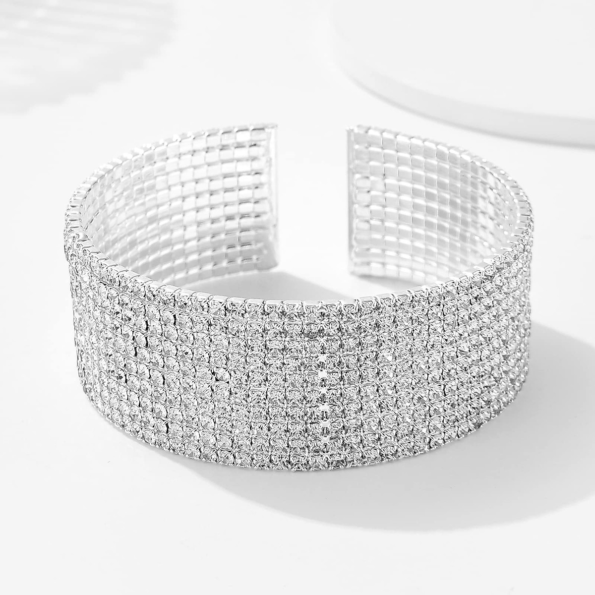 Ecesha Sparkly Silver Simple 10 Rows Rhinestone Crystal Cluster Wide Arm Cuff Bracelet Wedding Jewelry for Women Bridal Gift for Formal Prom Party