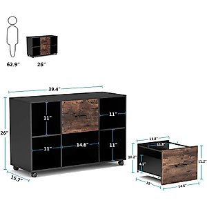 Tribesigns 2 Drawer File Cabinet, Large Mobile Lateral Filing Cabinet for Letter Size, Printer Stand with Storage Shelves and Rolling Wheels for Home Office (Black/Rustic)