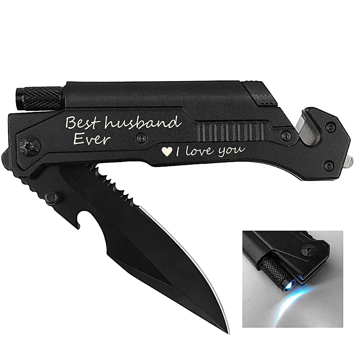 Engraved Pocket Knife, Best Husband Ever, Pocket Knife for Men with 6 Functions, LED Light, Fire Starter, Bottle Opener, Seat Belt Cutter, Glass Breaker, Birthday Anniversary Present for Men Husband