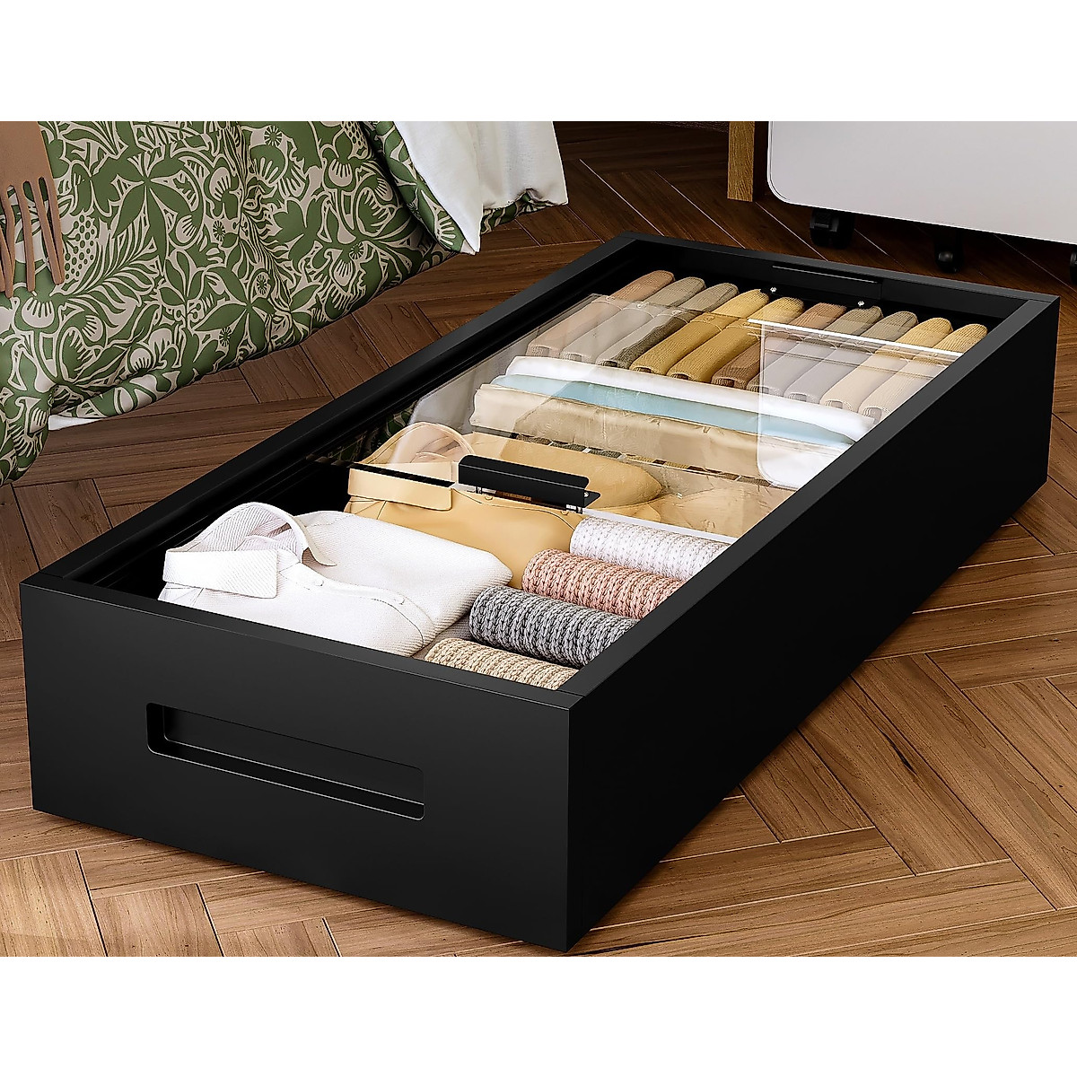 heycode Under Bed Storage with Wheel,Large Under Bed Clothe Storage Box with Clear Glass Lids,Rolling Under Bed Metal Drawer for Clothes,Shoes,Toys,Books,Bedding