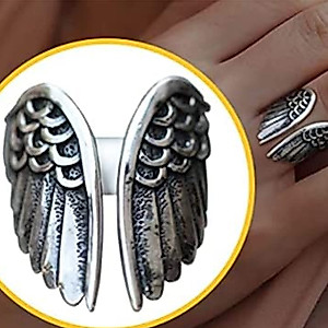 Bulky Rings Jewelry Acrylic Rings for Women Adjustable Stainless Steel Ring Feather Angel Thumb Ring for Women Gold Om Rings for Women (Silver, One Size)