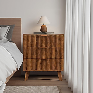 Mid-Century 3 Drawers Bedside Table Cabinet, Modern Nightstand with 3 Drawer and Solid Wood Legs, Contemporary 3-Drawer Nightstand, Mid Century Nightstand with 3 Storage Drawer for Bedroom (Walnut)