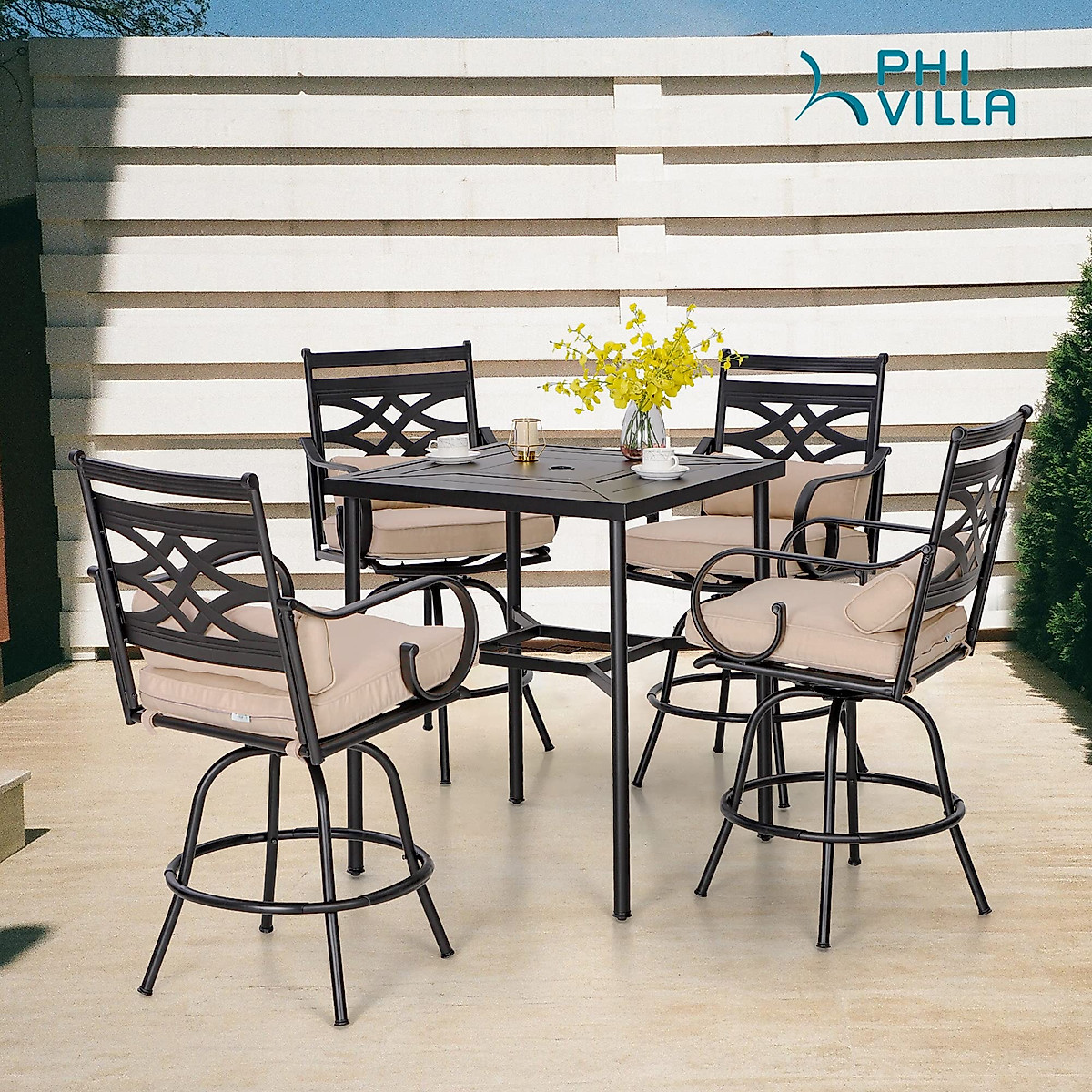 PHI VILLA 5 Piece Patio Bar Set,Outdoor Bar Table and Chairs Set, Strong and Heavy Duty Outdoor Bar Set with Cushion and Pillow，4PC Swivel Bar Stools with Square Bar Height Table