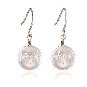 FM FM42 Natural Dried Dandelion Seed Small Glass Ball Hook Drop Earrings FE2035