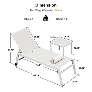 PURPLE LEAF Outdoor Chaise Lounge Set Adjustable Sunbathing Recliner with Side Table for Poolside Beach Outside Patio Aluminum Chaise Lounger Cream