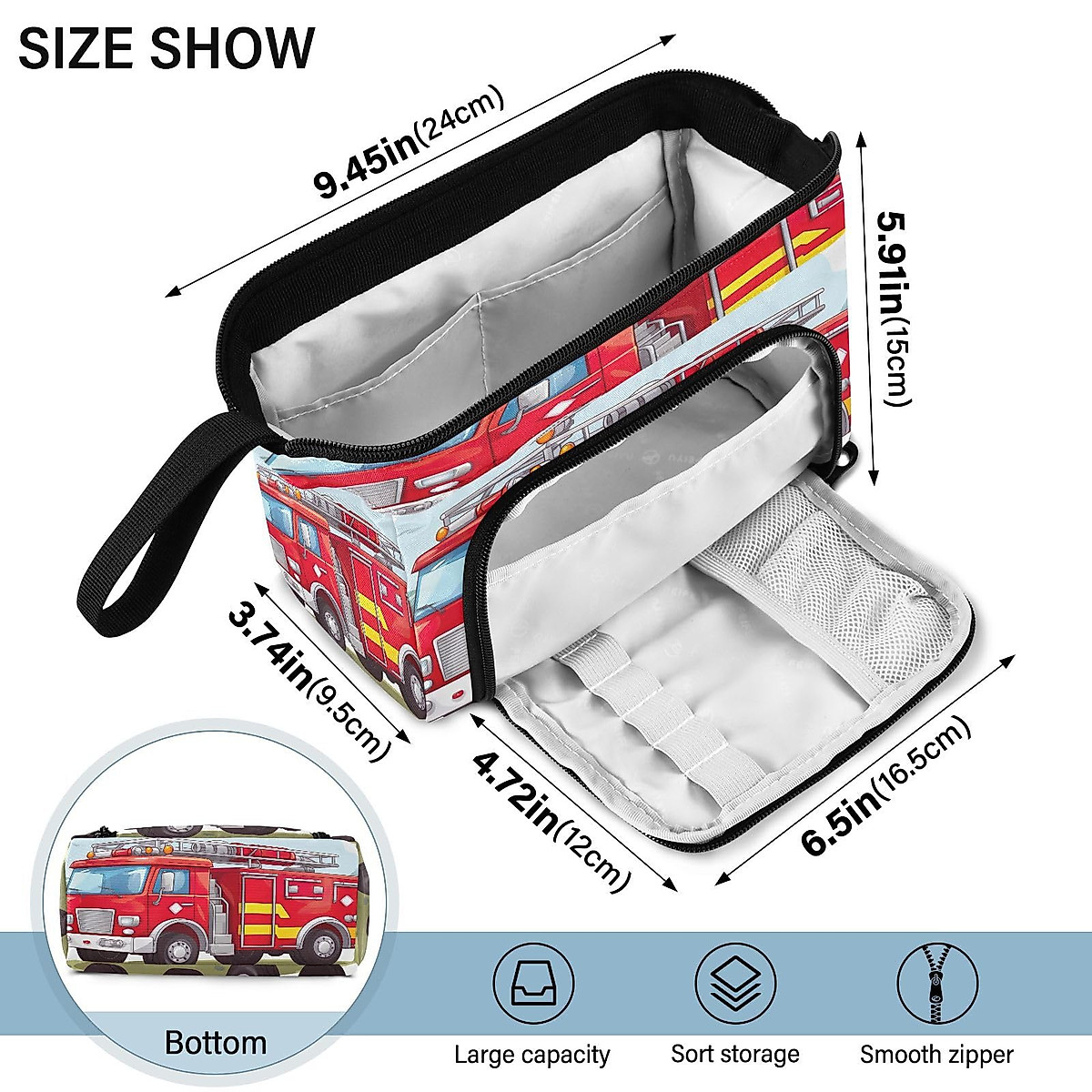 Emelivor Fire Fighting Truck Pencil Case Large Capacity Pencil Pouch Bag with Compartmens Pen Bag Case with Zipper Stationery Bag Pencil Organizer for Office School Teen Girl Boy Adult