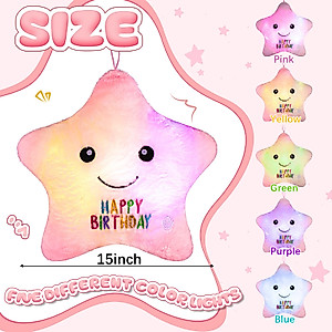 Lineshading 15'' Twinkle Plush Pillows LED Happy Birthday Star Pillow Sensory Light up Plush Toys Night Lights Star Shaped Stuffed Pillow Pink Glowing Birthday Gift for Birthday Gifts Party Favors