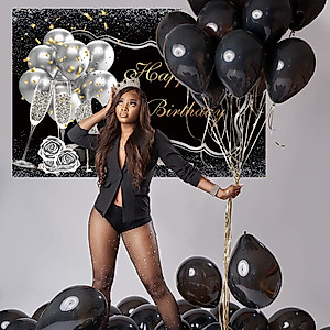 Bellimas Happy Birthday Backdrop Silver and Black Women Birthday Party Banner High Heels Champagne Rose Balloon Background Birthday Prom Party Supplies