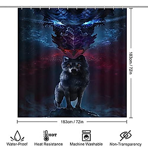 Kazynee Cool Dragon Wolf 4 Piece Shower Curtain Sets, Non-Slip Rugs, Toilet Lid Cover and Bath Mat, Durable and Waterproof, for Bathroom Decor Set One Size