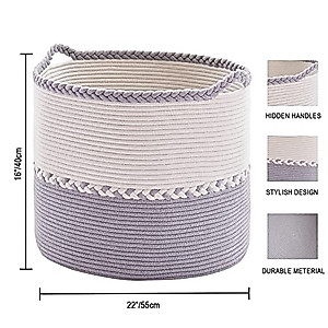 XXXL Large Cotton Rope Basket, 22"x22"x16" Woven Storage Basket with Handle, Blanket Basket Living Room Laundry Basket Hamper Baby Dog Toy Storage Comforter Cushions Thread Baskets for Organizing