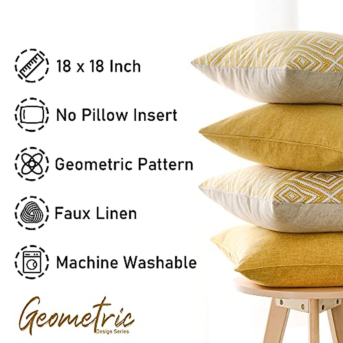 HPUK Decorative Throw Pillow Covers Set of 4 Geometric Design Linen Cushion Cover for Couch Sofa Living Room, 18"x18" inches, Ochre