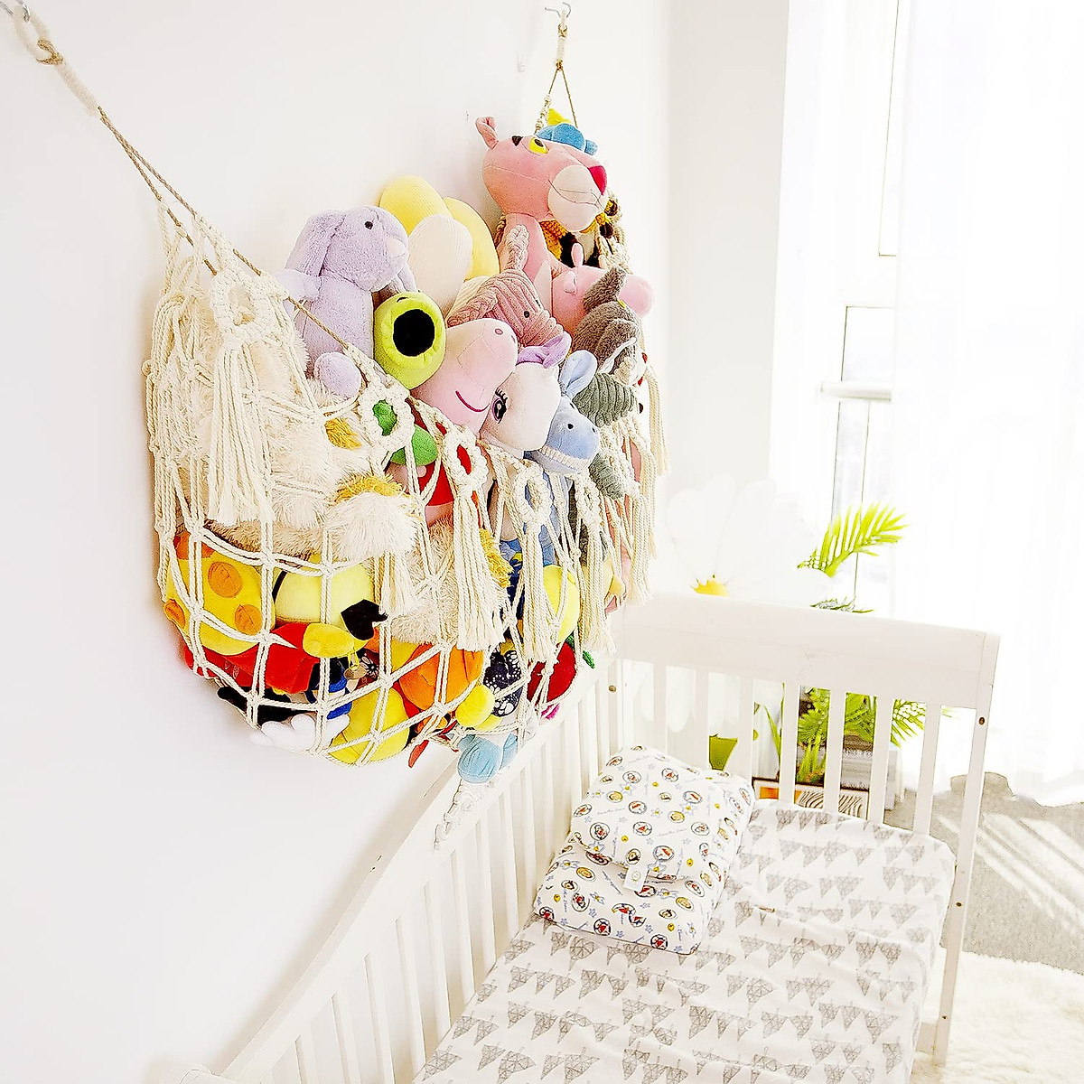 Stuffed Animal Net or Hammock -Wall Mounted-Handmade Macrame Toy Hammock Organizer Stuffed Animal Display Plush Toys Holder Boho Decor for Nursery Playroom Bedroom Kids Room Storage 1