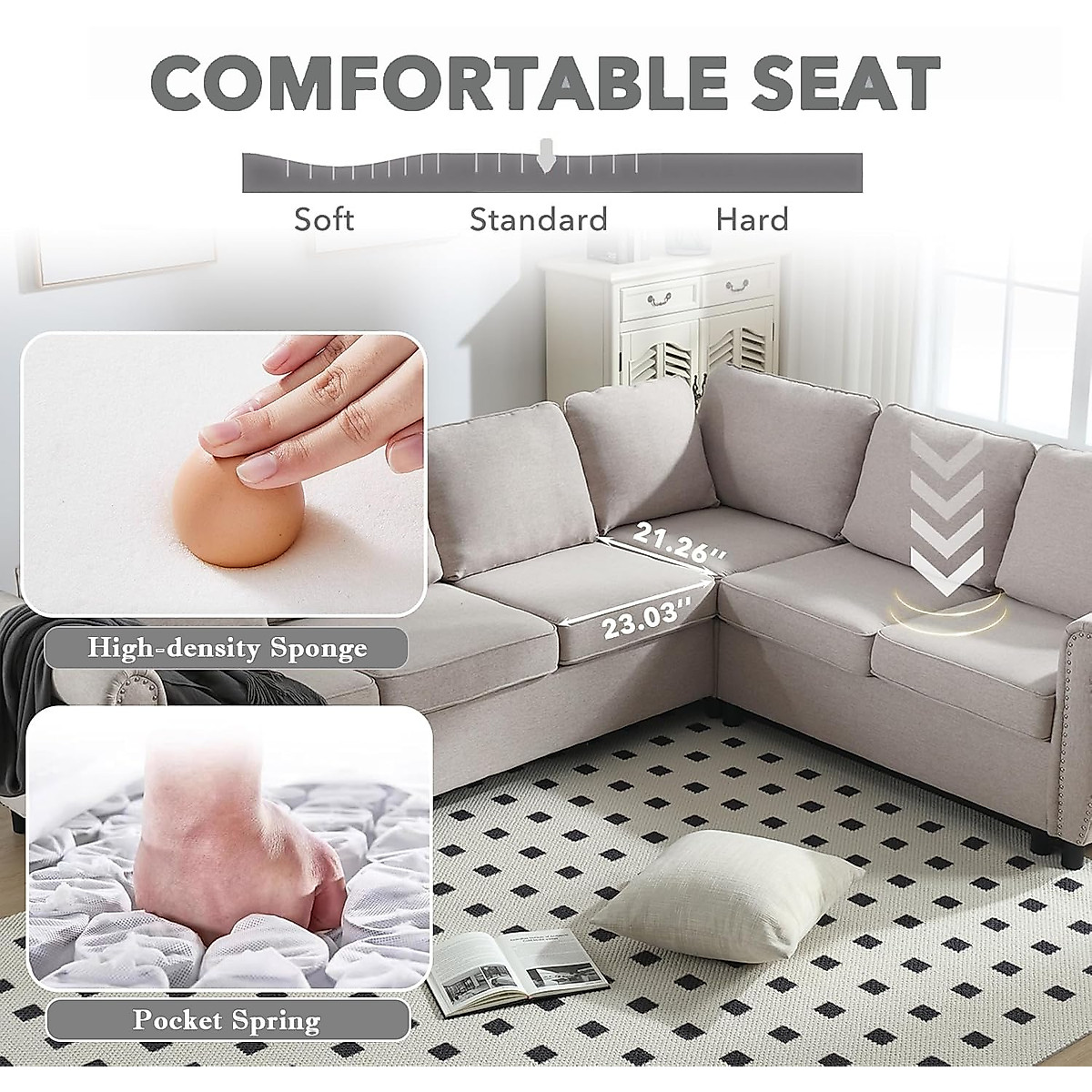 104'' Sleeper Sofa Bed Queen, L Shaped Sectional Sofa with Pull Out Couch Bed, Queen Size 6 Seater Sofa Bed with Memory Foam Mattress, Sectional Couches for Living Room Furniture Set, Beige