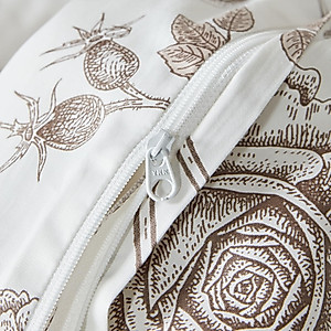 YuHeGuoJi Taupe Botanical Duvet Cover Queen 100% Egyptian Cotton Brown Floral Duvet Cover 3 Pcs Set 1 Farmhouse Flower Duvet Cover with Zipper Ties 2 Pillowcases Rose Plant Bedding Set Soft