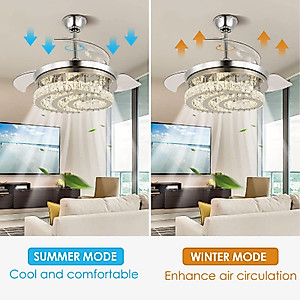 FRIXCHUR 42" Dimmable Fandelier Led Crystal Chandelier Ceiling Fans with Lights and Remote Moon Shape Retractable Chandelier Ceiling Fan for Bedroom Living Room Dining Room 30W*2