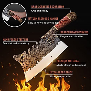 ROCOCO Cleaver Knife Meat Cutting Heavy Duty 8.6" Large Hand Forged Chinese Bone Vegetable Dragon Butcher Chopper Viking Cutter for Kitchen Outdoor with Sheath Father's Mother's Day Birthday Gift Men