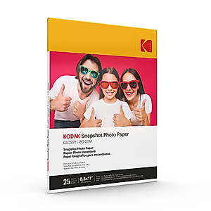 KODAK Photo Paper Gloss 8.5 X 11 SNAPSHOT 25 count, 48lb-180 g/m 2 - 8.5MIL (41300)