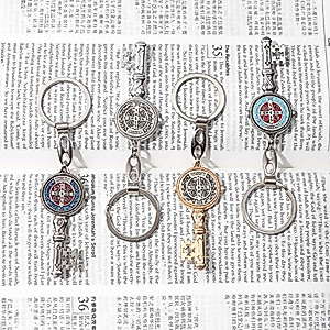WHLHMK 4Pcs Saint Benedict Medal Keychain, St Benedict Medals Key Chain, Saint Benedict Jubilee Medal, Cross Protection Key Shaped Keychain, Exorcism Medal Christian Sacramental Medal Keyring