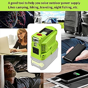 Portable Power Inverter for Ryobi 18V Battery 200LM LED Flashlight 150W Inverters Generator Power Source for 18V 2 USB AC Output, DC 18V to AC 110~120V（Tool ONLY） Green
