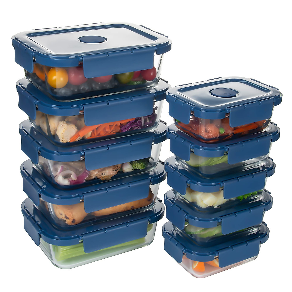 HAKEEMI Glass Food Storage Containers 10 Pack, Glass Meal Prep Containers with Snap Locking Lids Airtight Built in Air Vents, Glass Lunch Containers, Microwave/Dishwasher Safe, Navy Blue