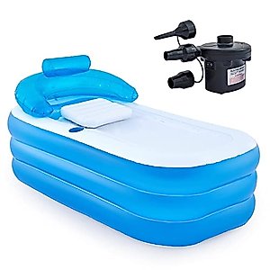 CO-Z Inflatable Bathtub with Electric Air Pump and Bath Pillow Headrest, Portable Blow Up Bath Tub for Adults, Outdoor or Indoor Freestanding Foldable Spa Tub with Cover Drainage Hose Cup Holder, Blue