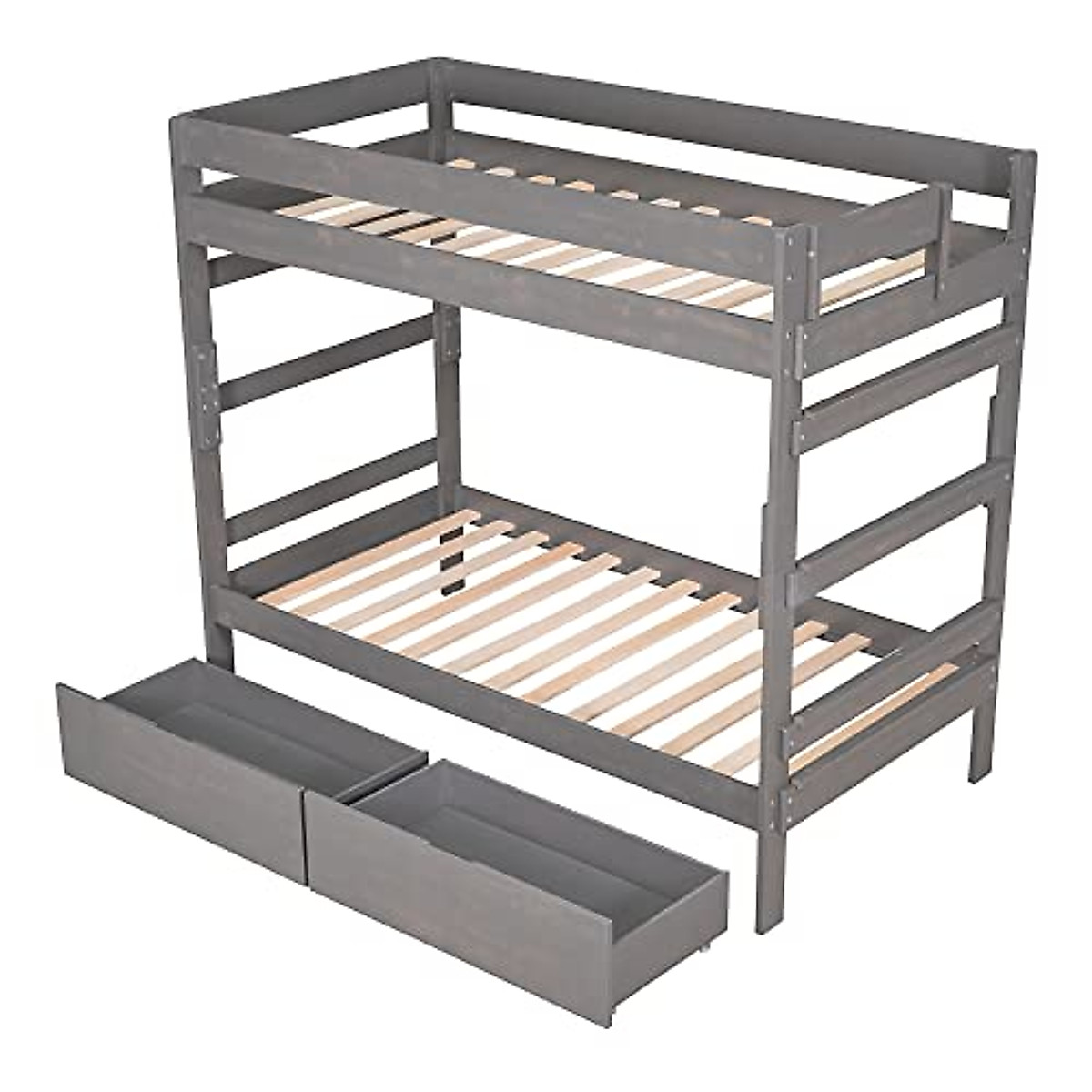 Flieks Twin Over Twin Wood Bunk Bed with 2 Drawers, Gray