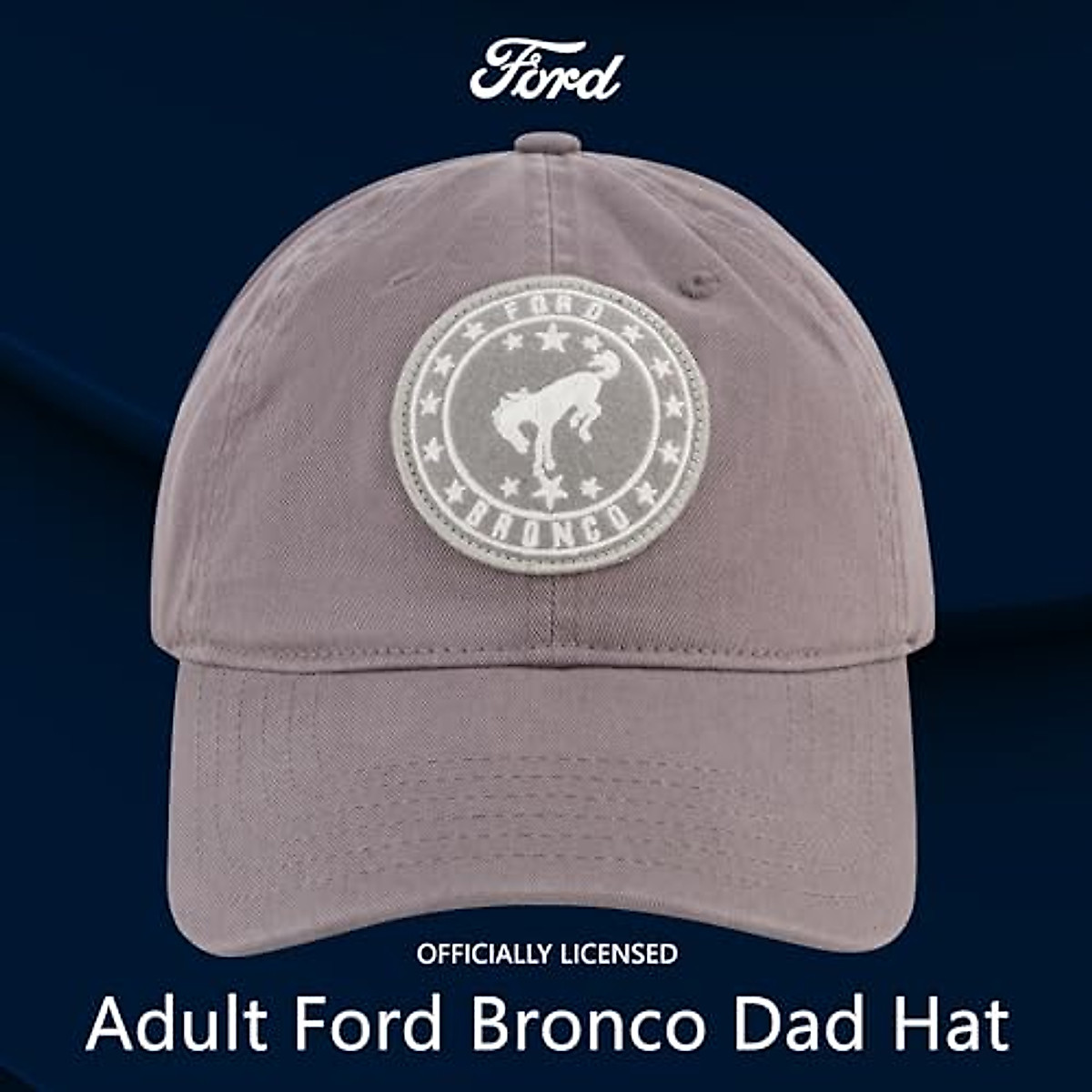 Concept One Ford Dad Hat, Bronco Logo Cotton Adjustable Baseball Cap with Curved Brim, Grey, One Size
