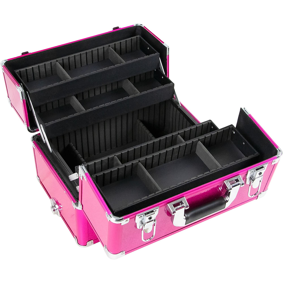Ver Beauty 4 Wheels Removable Rolling Art Craft Tool Case Storage Organizer Travel Adjustable Dividers – VT003, Magenta Glitter