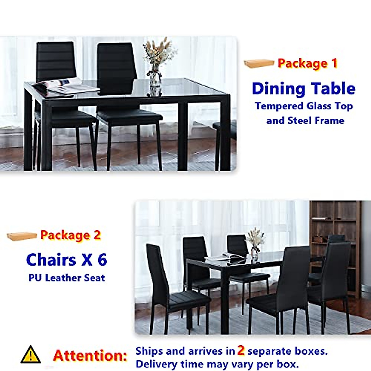 BAHOM 7 Piece Kitchen Dining Table Set for 6, Glass Dining Table and 6 Chairs PU Leather for Breakfast (2 Boxes)