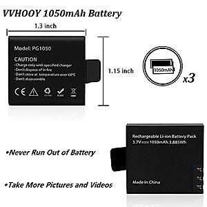 VVHOOY 3 x 1050mAh Rechargeable Action Camera Battery with USB Dual Charger Compatible with AKASO EK7000/Brave 4/Dragon Touch 4K/Campark/Crosstour/Victure/APEMAN/RUNME R2 Action Camera