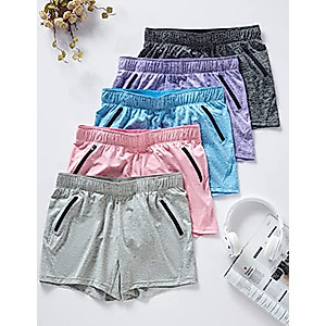 5 Pack: Womens Workout Gym Shorts Casual Lounge Set, Ladies Active Athletic Apparel with Zipper Pockets (Set 1, Large)