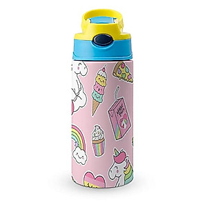 Water Bottle With Straw Pink Unicorns Insulated Stainless Steel Vacuum Cup 500Ml For School 7.5x2.7 in