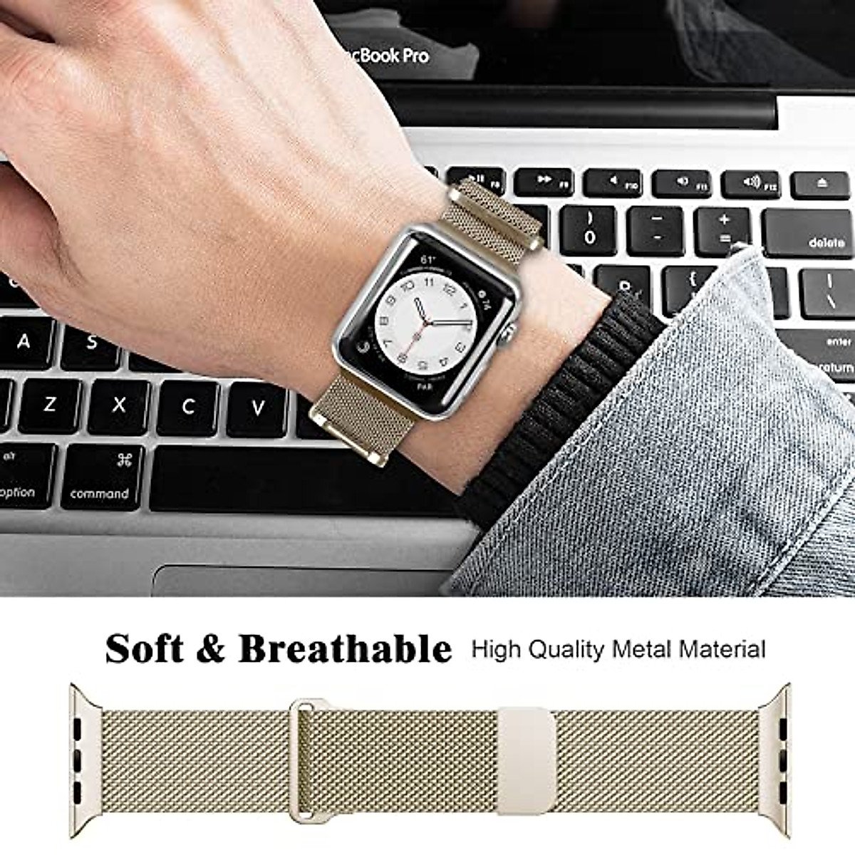 Geoumy Metal Magnetic Bands Compatible for Apple Watch Band 44mm with Case, Stainless Steel Milanese Mesh Loop Replacement Strap Compatible with iWatch Series 8/7/6/5/4/3/2/1 SE Women Men,Brown Gold
